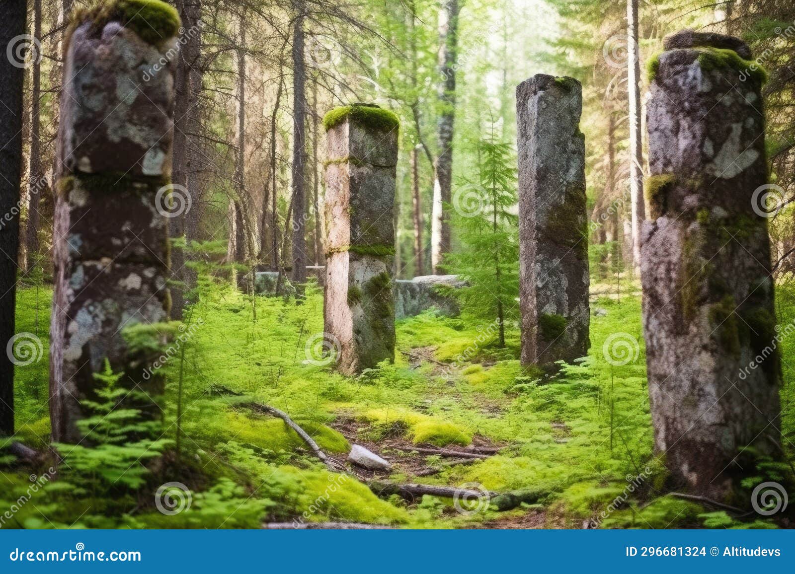 Large Stone Pillars in a Dense Pine Forest Stock Photo - Image of dense ...