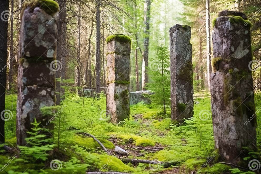 Large Stone Pillars in a Dense Pine Forest Stock Photo - Image of dense ...