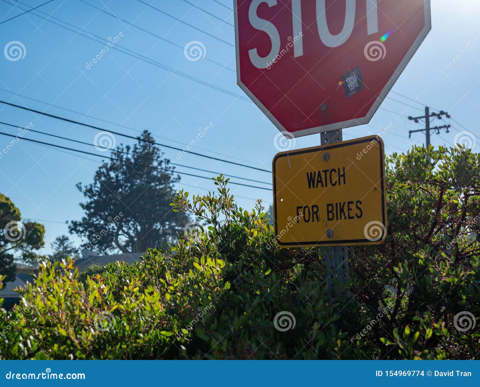 Large Stop Sign with Notice for Watch for Bikes on Sign Stock Photo ...