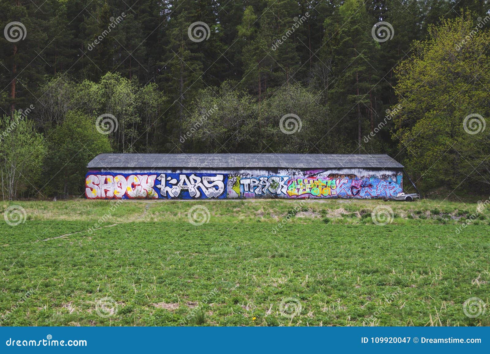 A Large Storage Facility Covered in Graffiti. Large Field with Greenery ...