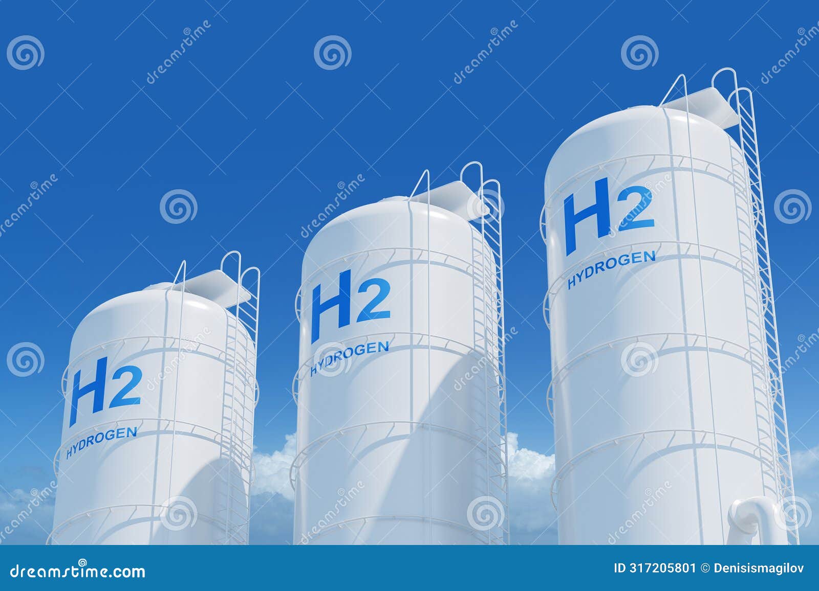 Large Storage Tanks with H2 and HYDROGEN Labels on a Blue Sky ...