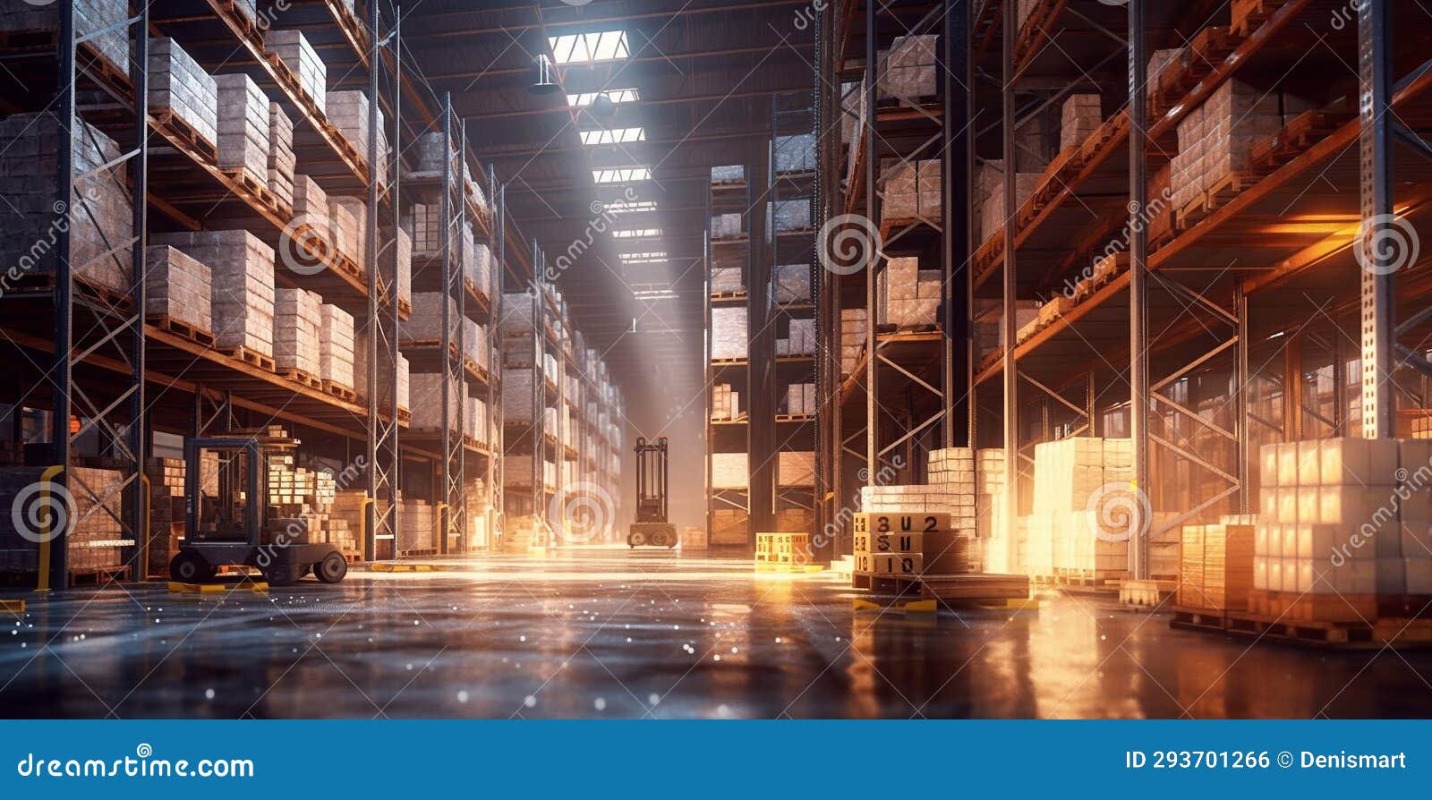 Large Storage Warehouse with Forklift and Tall Shelves Racks.Wide View ...