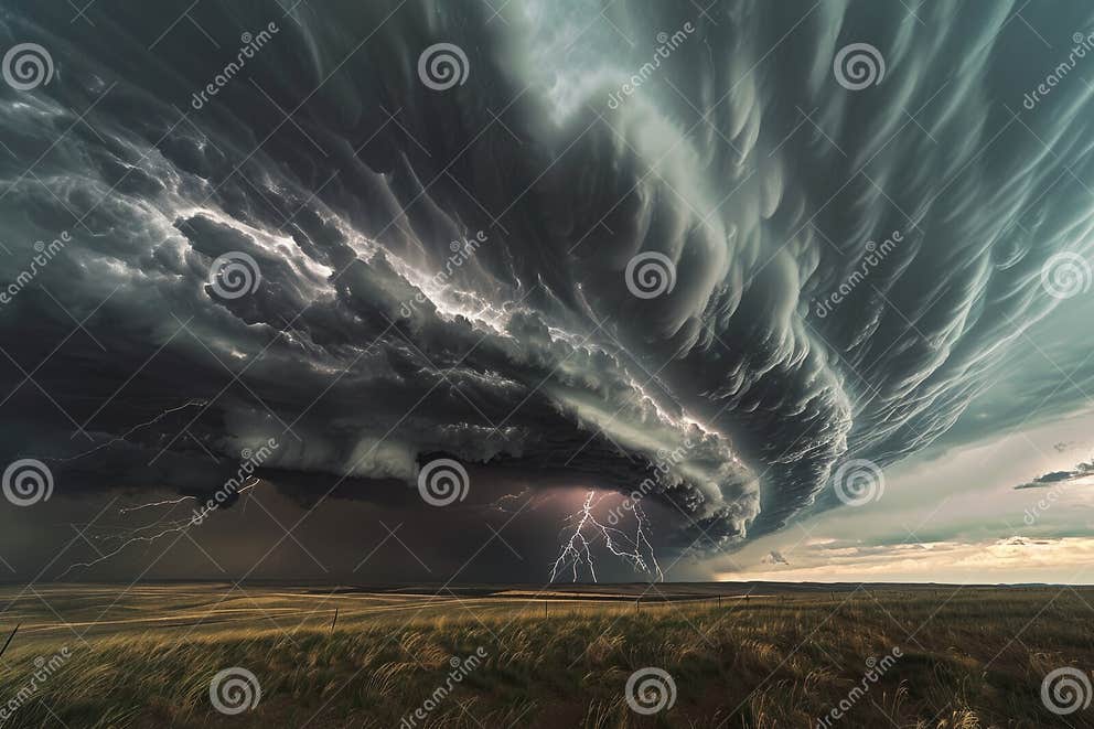 A Large Storm Cloud Dominates the Sky, with Streaks of Lightning ...