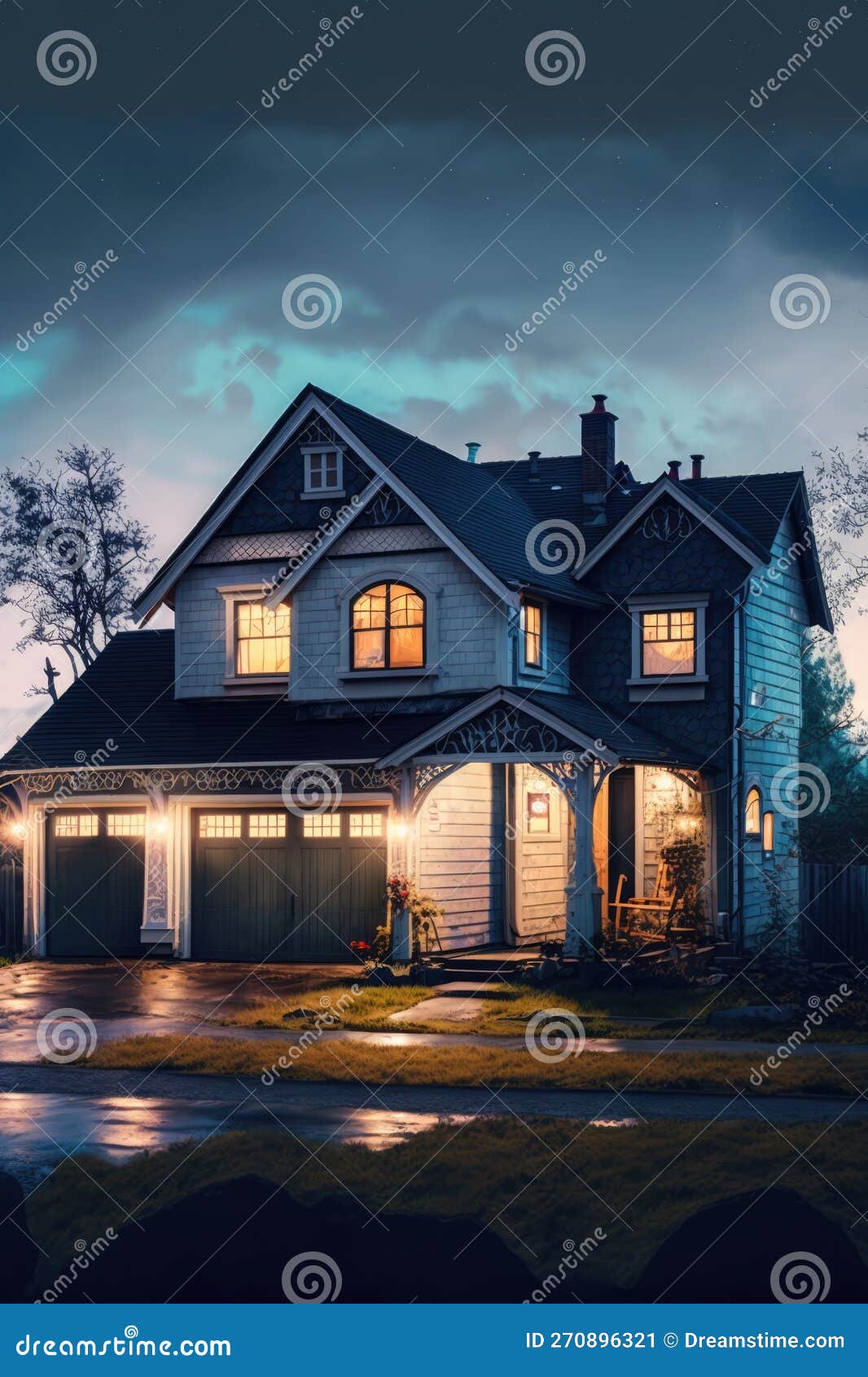 Large Suburban House With Lit Windows And Plants Next To Road Created ...