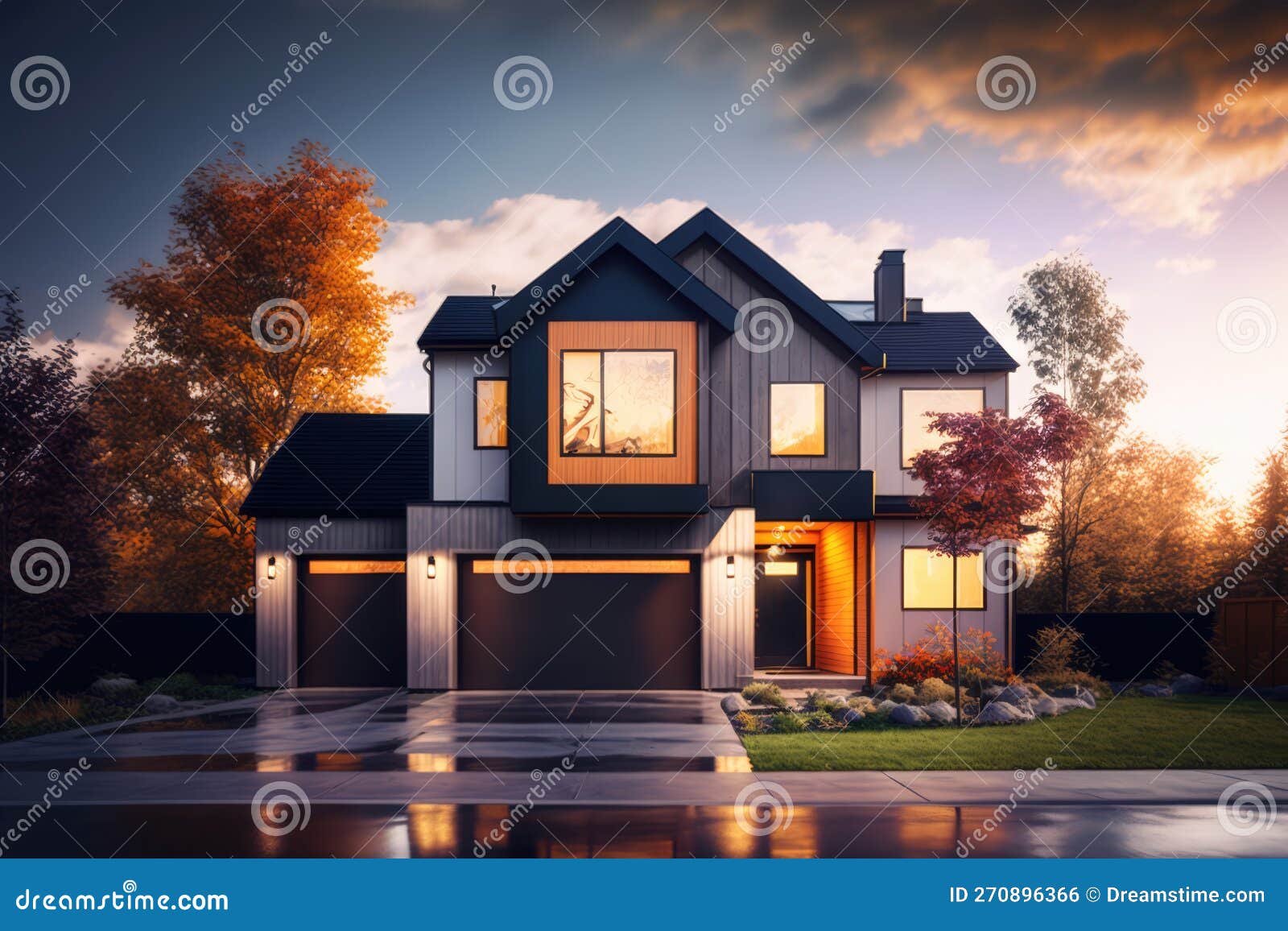 Large Suburban House With Lit Windows And Plants Next To Road Created ...