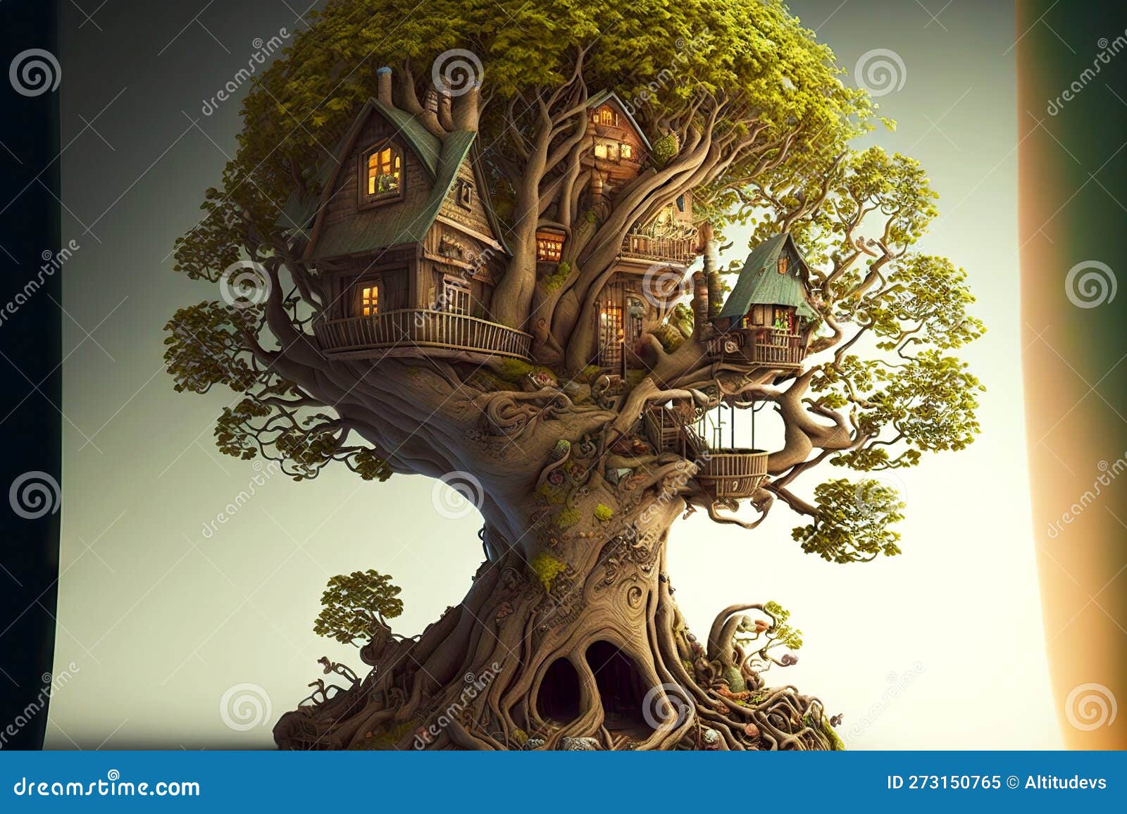 Large Summer Oak Tree with Tree House Stock Image - Image of park ...
