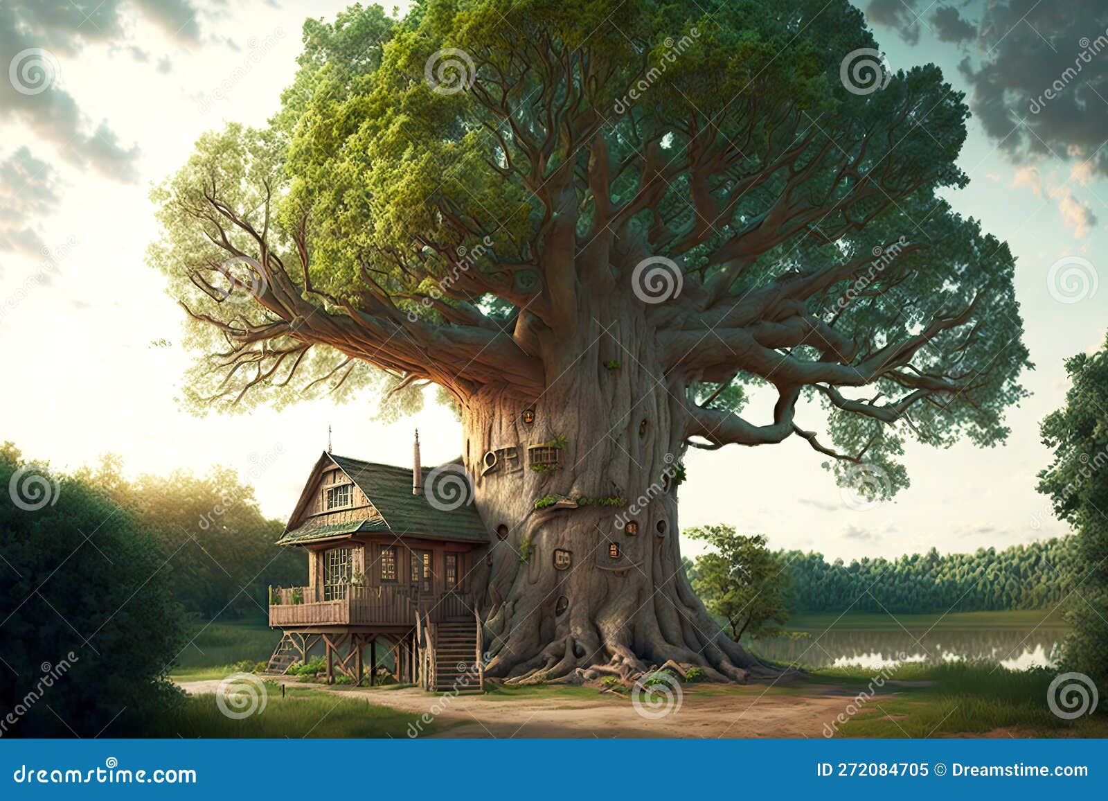 Large Summer Oak Tree with Tree House Stock Image - Image of garden ...