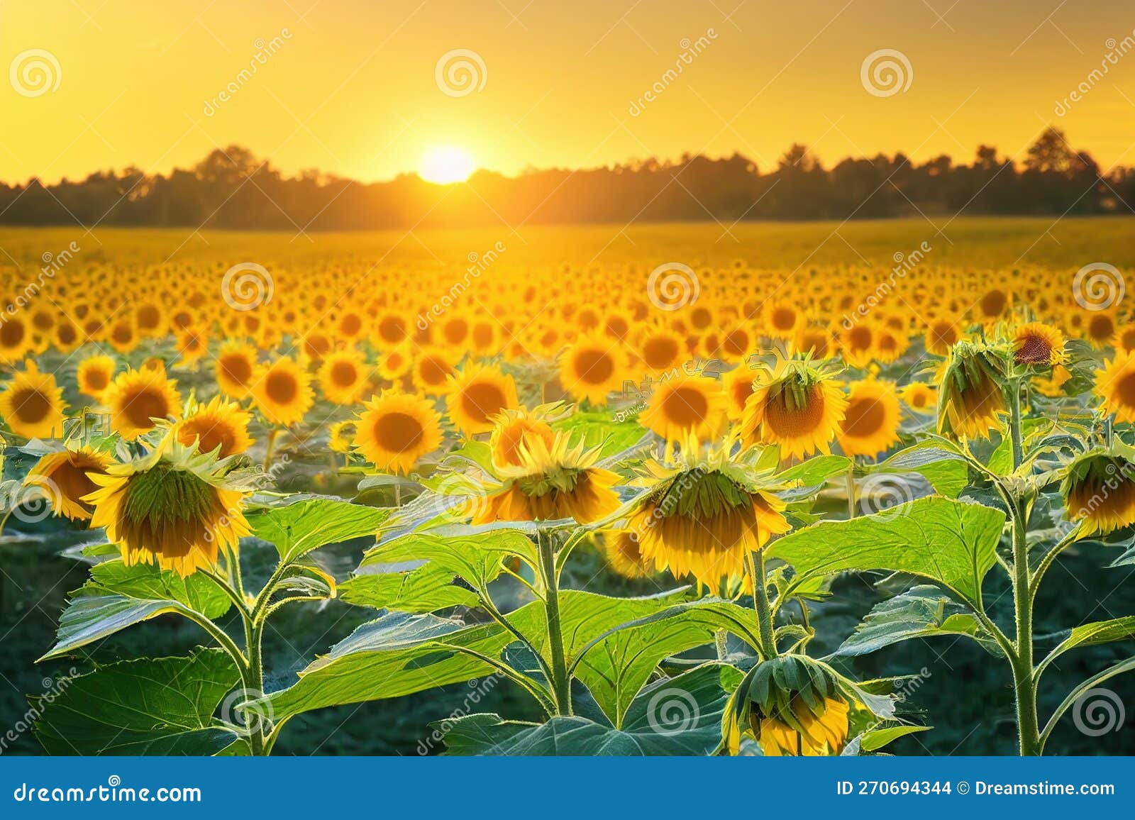 Large Sunflower Meadow Against Background of Sun Setting Beyond Horizon ...