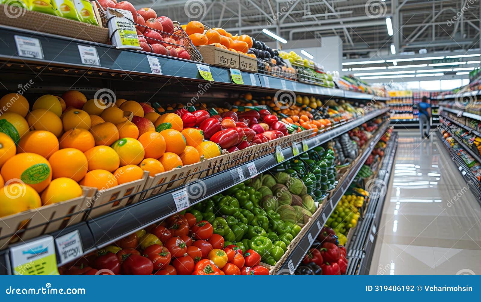 A Large Supermarket Has a Wide Aisle Full of Fruit and Vegetables Stock ...