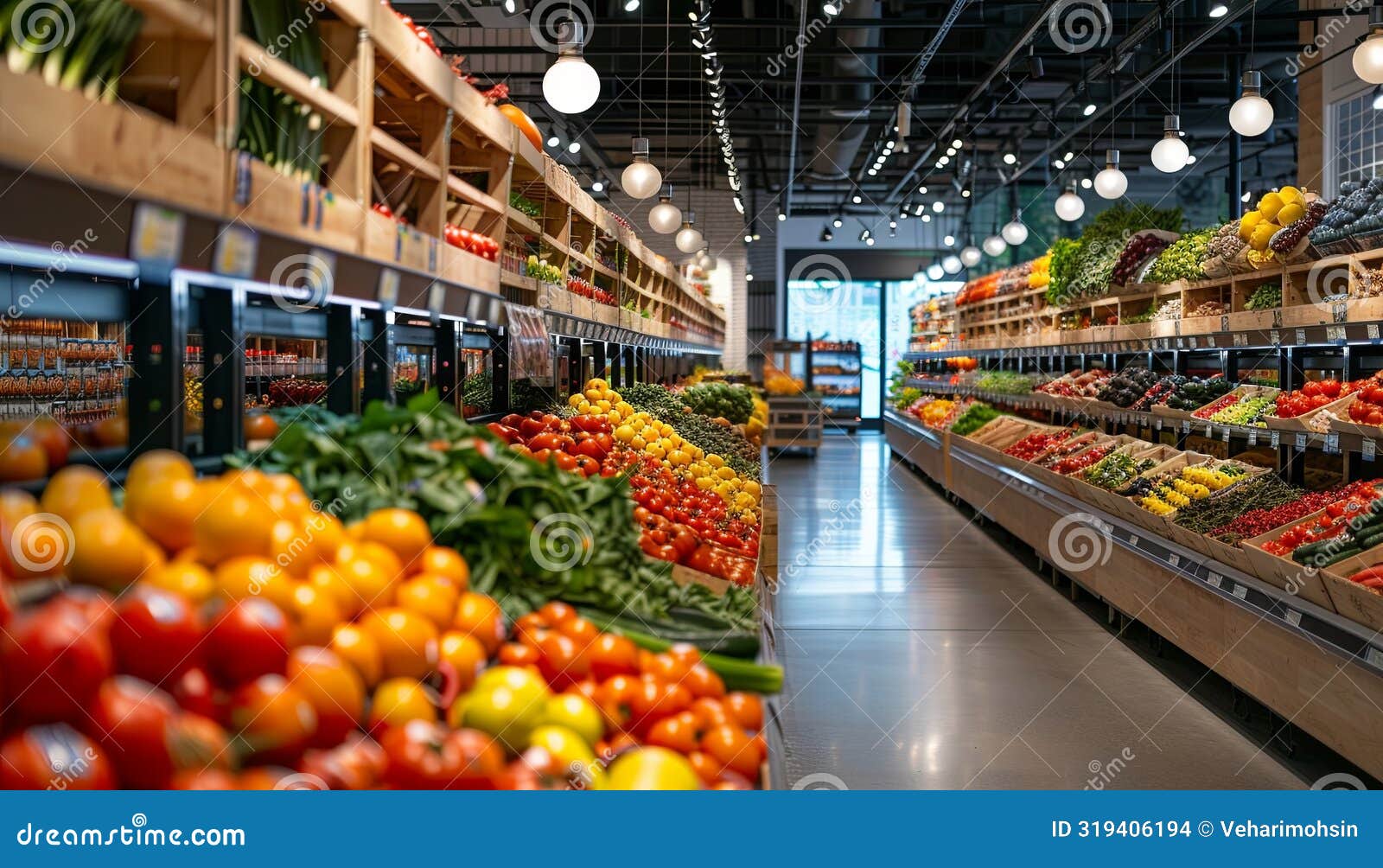 A Large Supermarket Has a Wide Aisle Full of Fruit and Vegetables Stock ...