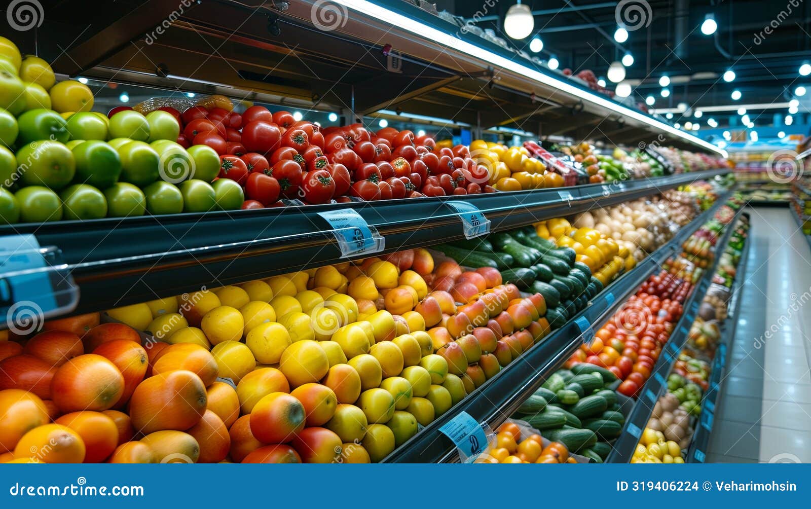 A Large Supermarket Has a Wide Aisle Full of Fruit and Vegetables Stock ...