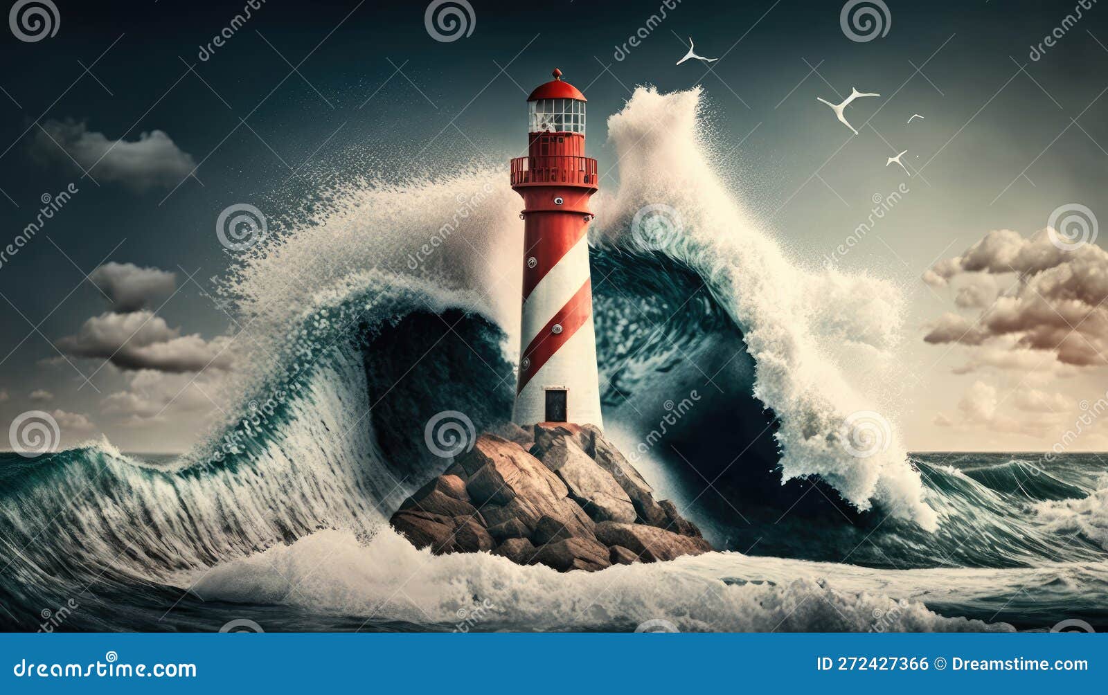 A Large and Tall Splash of Water on the Seashore Near the Lighthouse ...