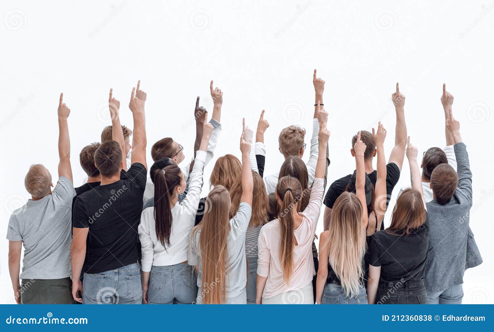 Large Team of Young People Pointing Somewhere Up . Stock Photo - Image ...