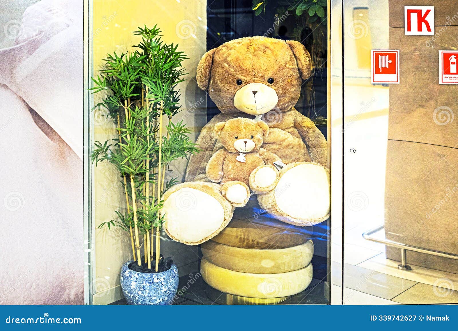 Large Teddy Bear with a Small Teddy Bear in a Shop Window Stock Image ...