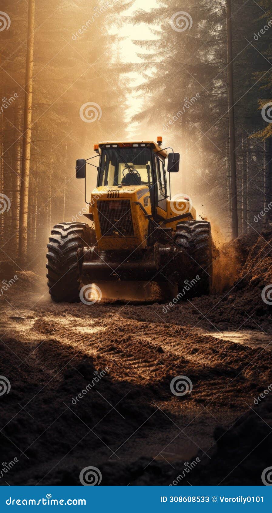 Large Tractor Digging the Ground in a Forest. Harvester Heavy Forestry ...
