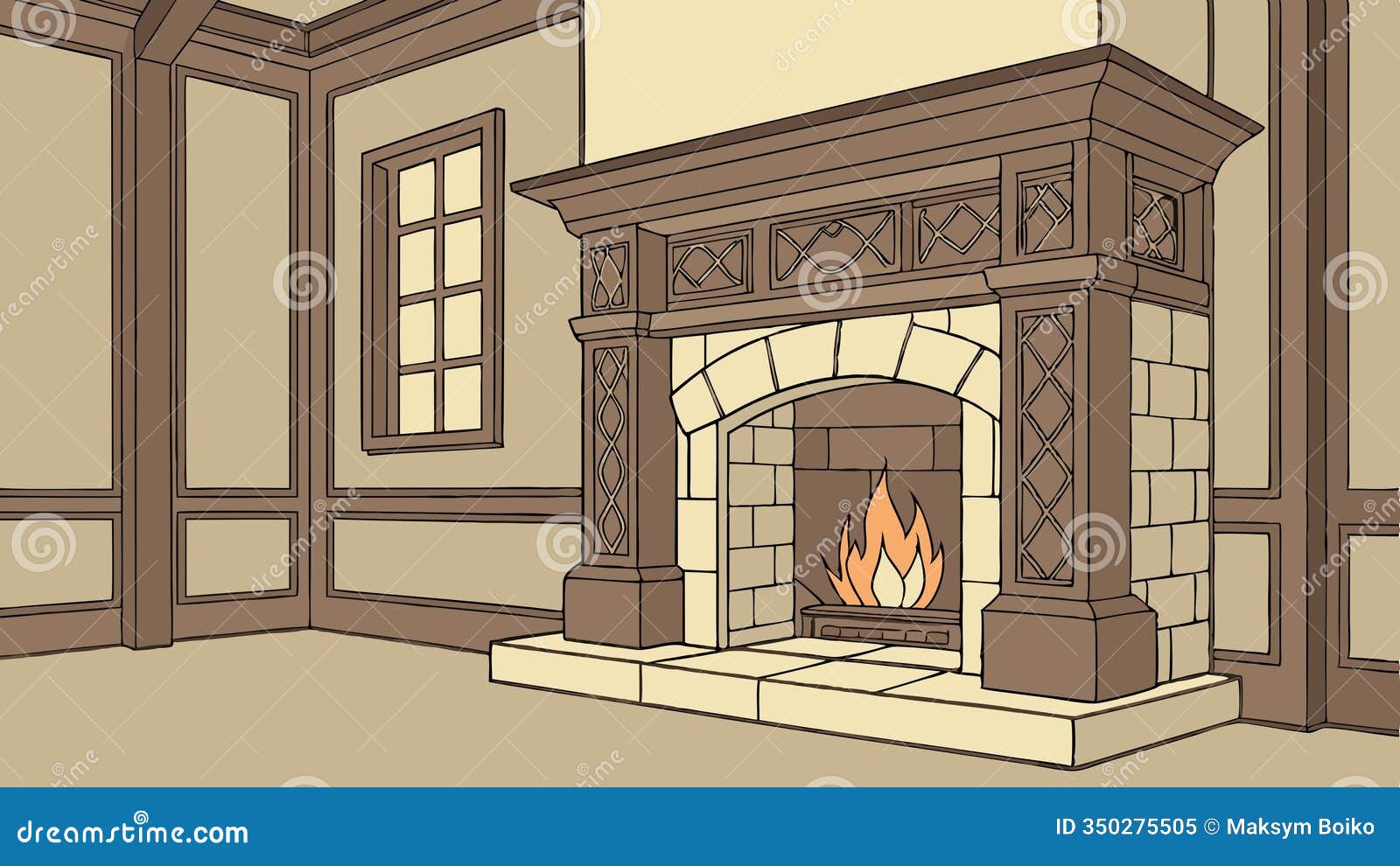 Large Traditional Fireplace With Roaring Fire. Empty Mantle Piece ...