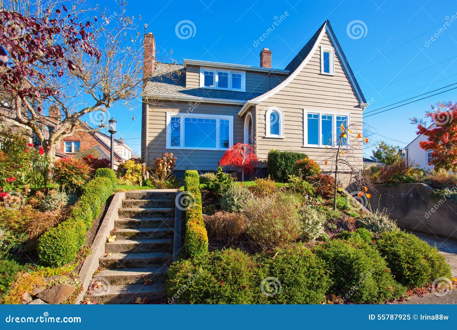 Large Traditional House with Shrubbery. Stock Image - Image of door ...