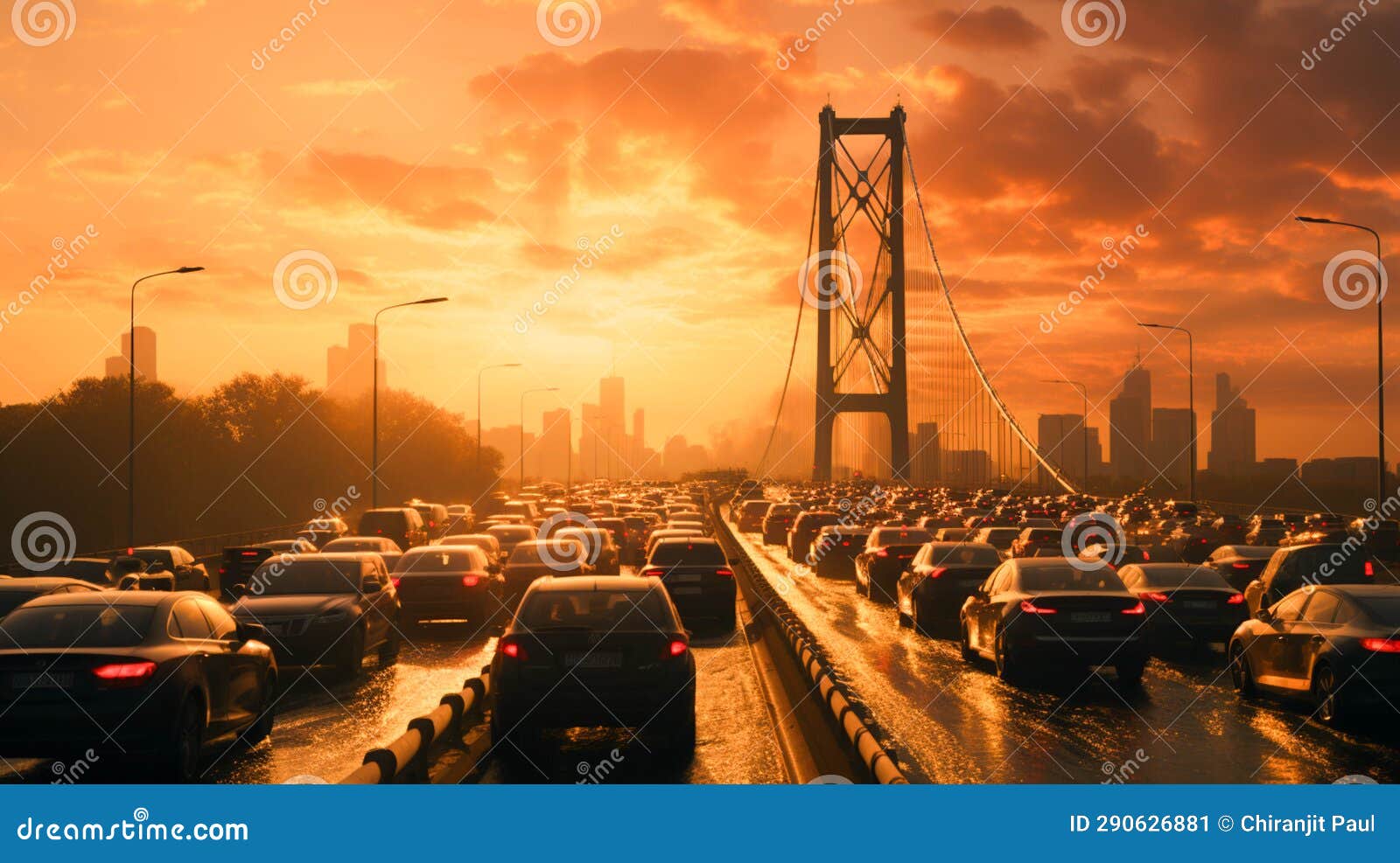 A Large Traffic Jam on a Road with a Bridge in the Background Stock ...
