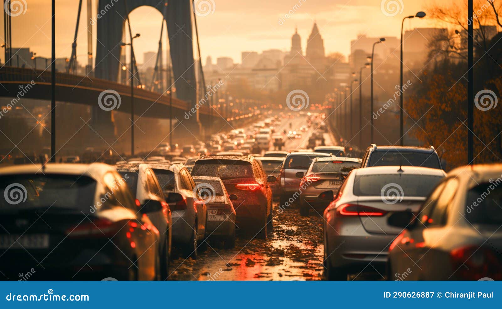 A Large Traffic Jam on a Road with a Bridge in the Background Stock ...