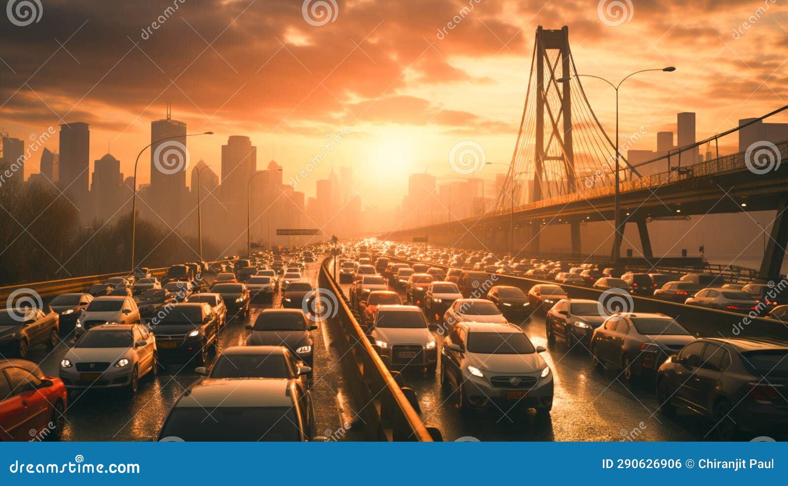 A Large Traffic Jam on a Road with a Bridge in the Background Stock ...