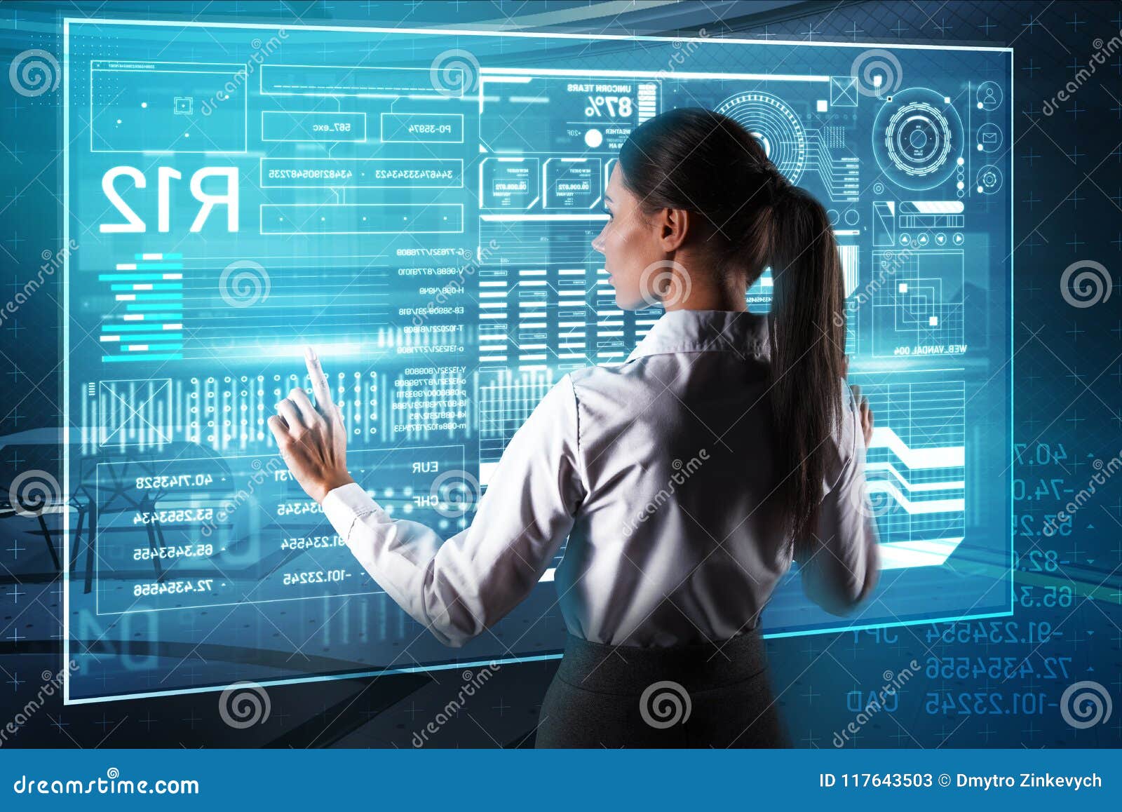 Elegant Woman Standing Near the Screen and Touching it with Two Fingers ... Elegant Woman Standing Near the Screen and Touching it with Two Fingers ...
