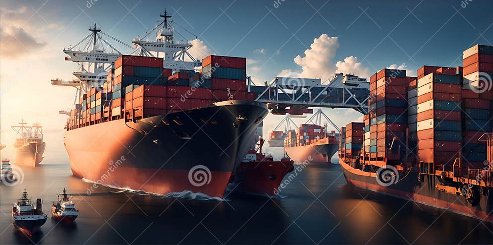 Large Transport Ship with Containers on Board, Accompanied by Small ...