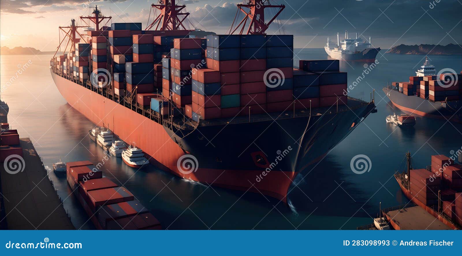 Large Transport Ship with Containers on Board, Accompanied by Small ...