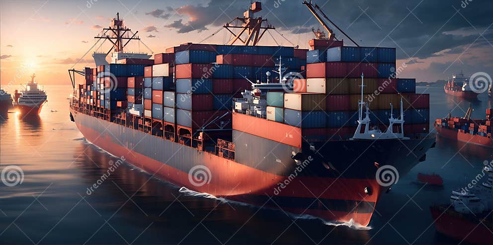 Large Transport Ship with Containers on Board, Accompanied by Small ...