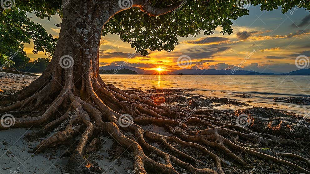 A Large Tree on a Beach with Its Roots Exposed a Vibrant Sunset in the ...