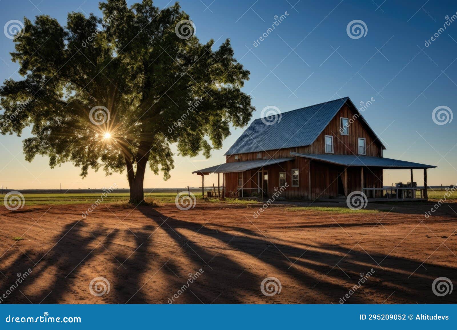 A Large Tree Casting Shadows Over Farmhouse with Barn Addition Stock ...