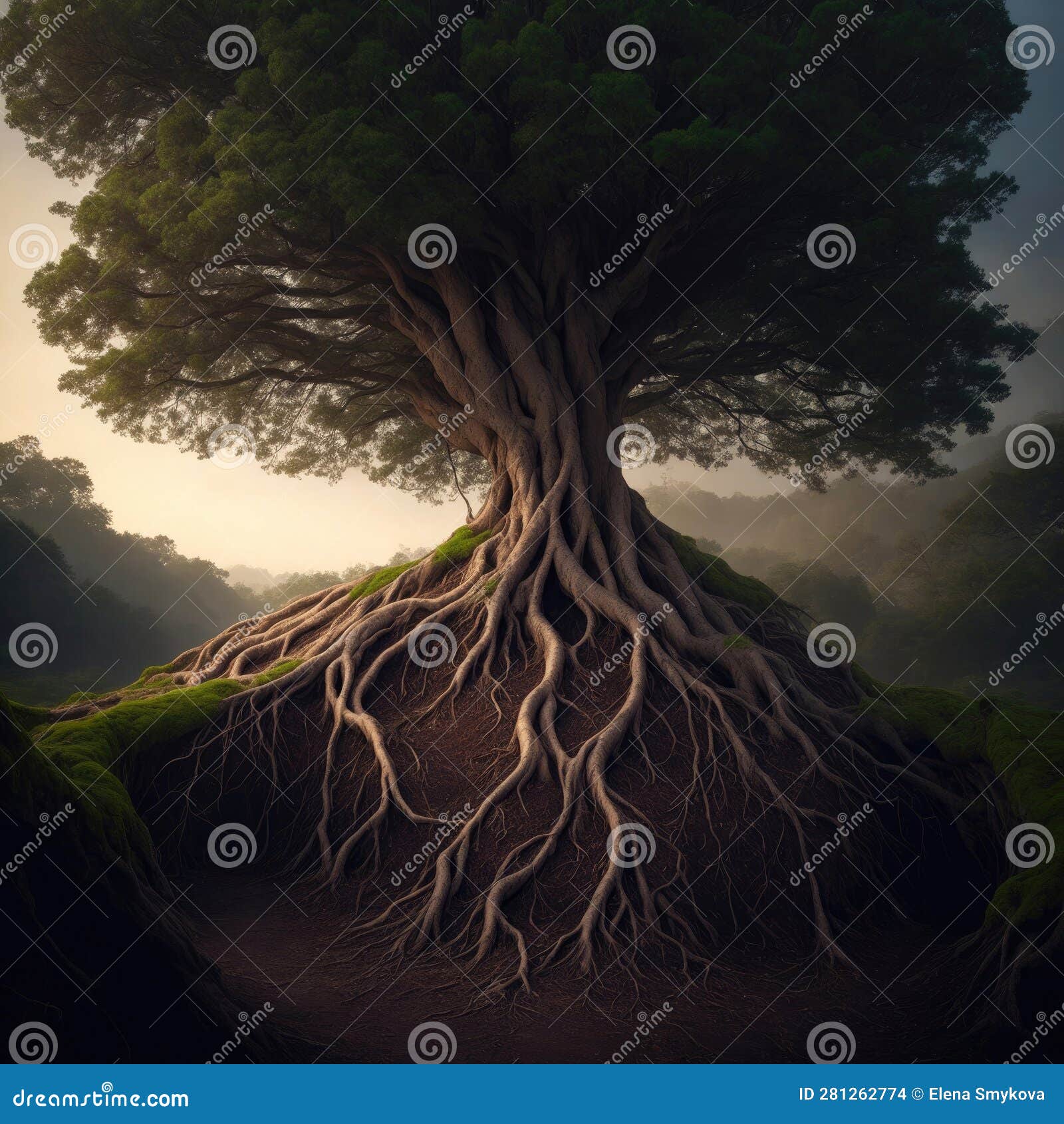 A Large Tree with a Crown of Leaves and an Extensive Root System in the ...