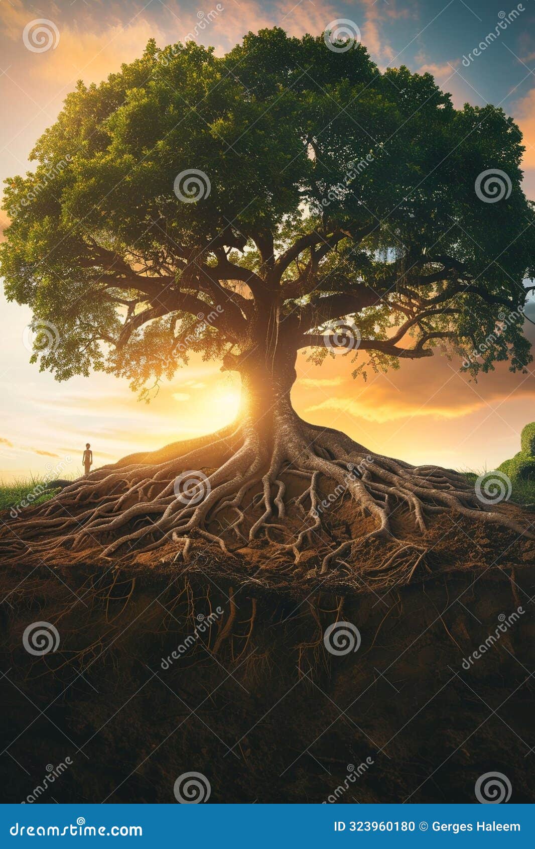 Large Tree with Exposed Roots at Sunset Stock Illustration ...