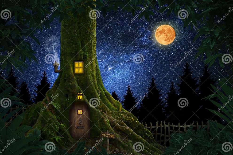 Large Tree with a Home Inside Stock Image - Image of beauty, light ...