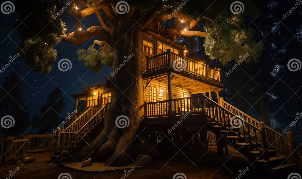 Large Tree House with Lights on Inside Stock Image - Image of grass ...