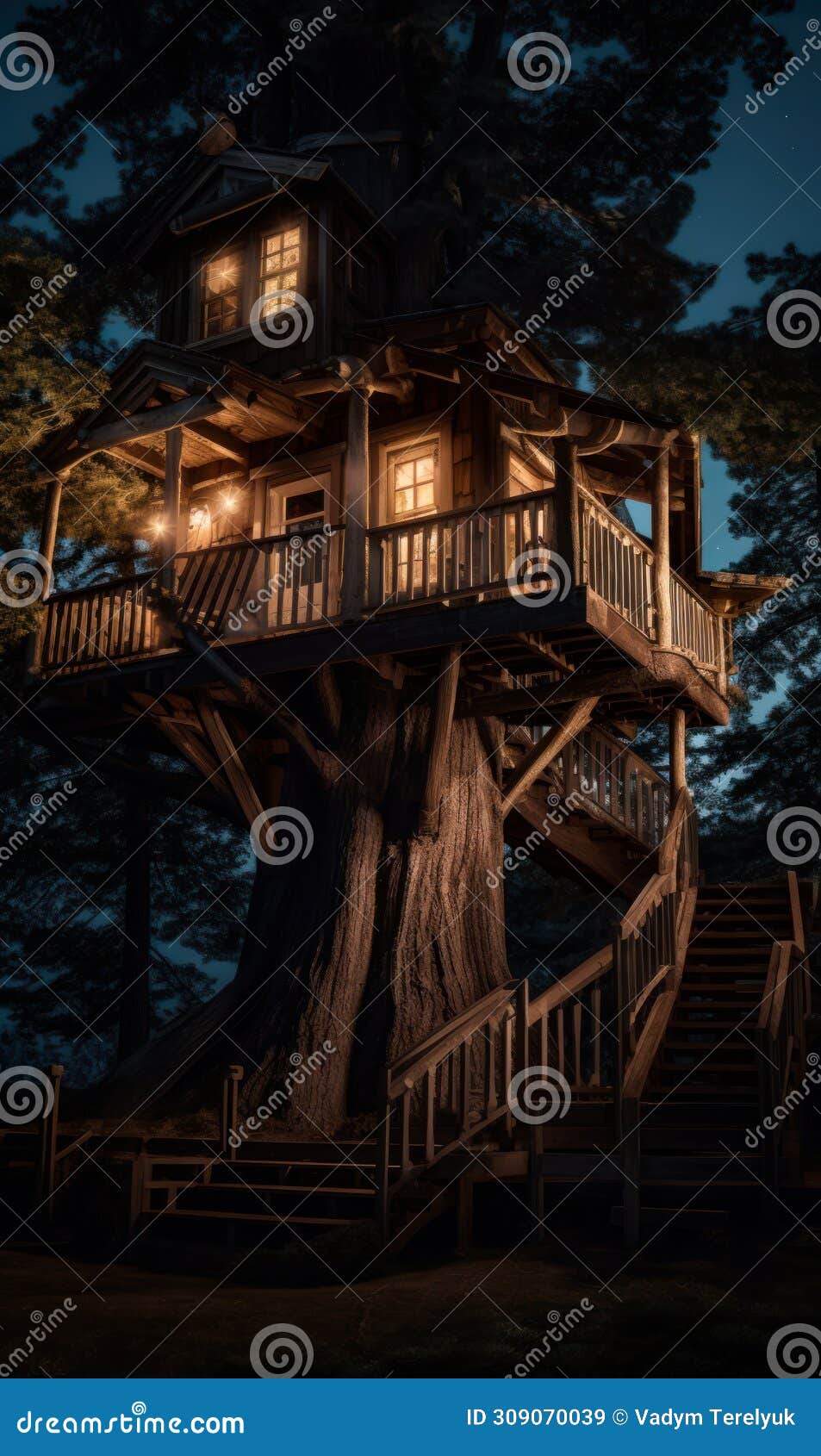 Large Tree House with Lights on Inside Stock Image - Image of style ...