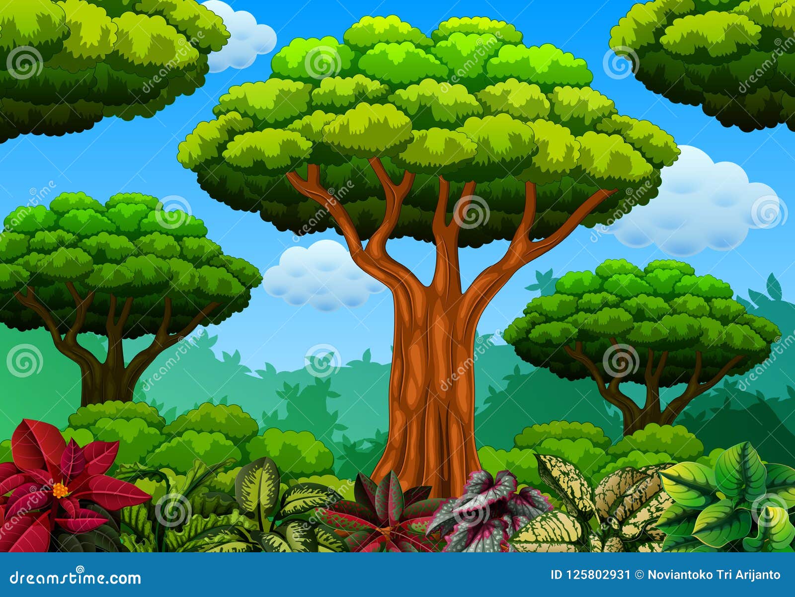 The Large Tree Inside the Forest with Some Flower Stock Vector ...