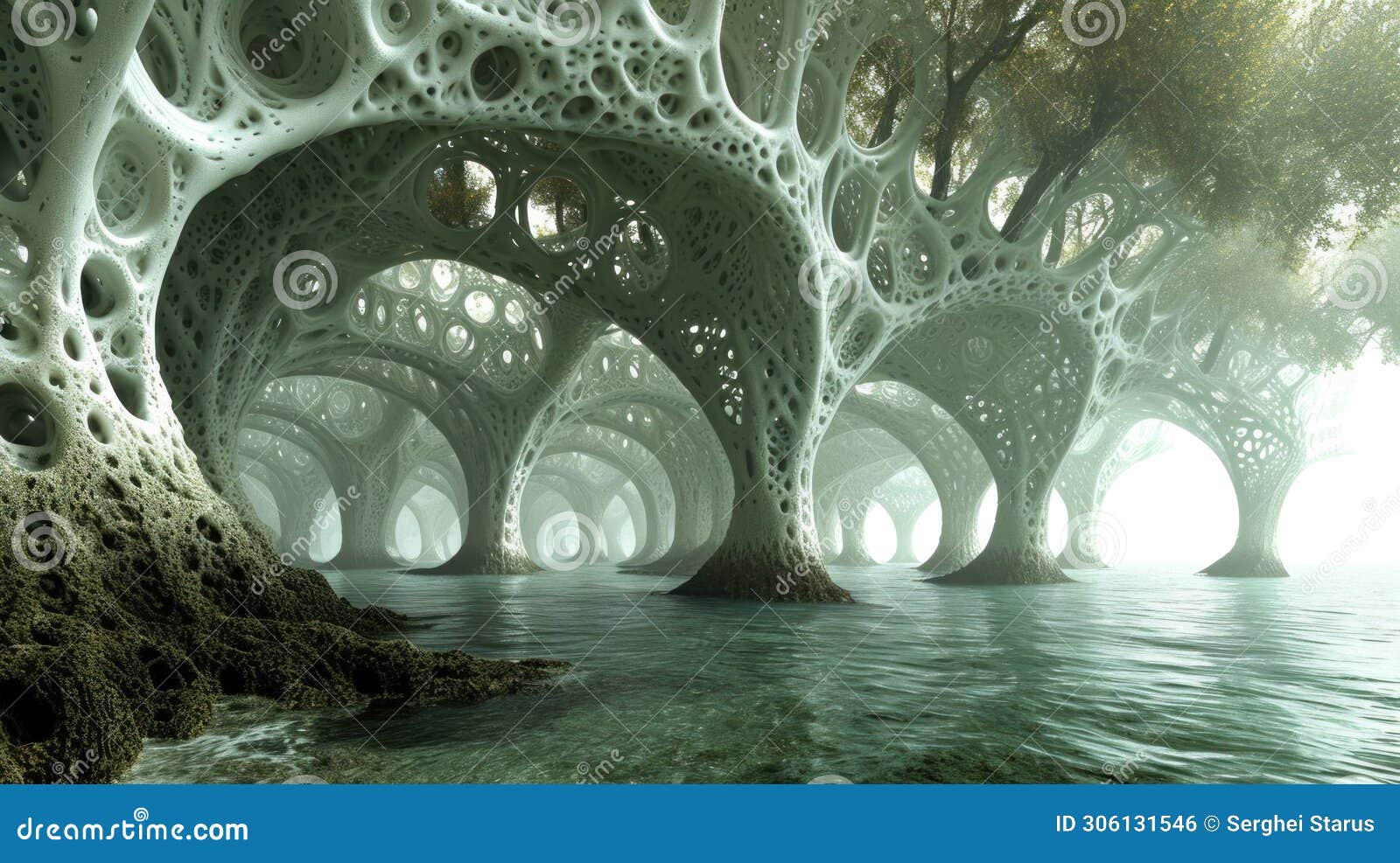 A Large Tree Like Structure in the Water with White and Green Leaves ...
