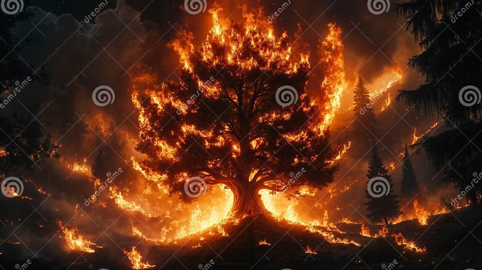 A Large Tree in the Middle of a Forest on Fire Stock Photo - Image of ...