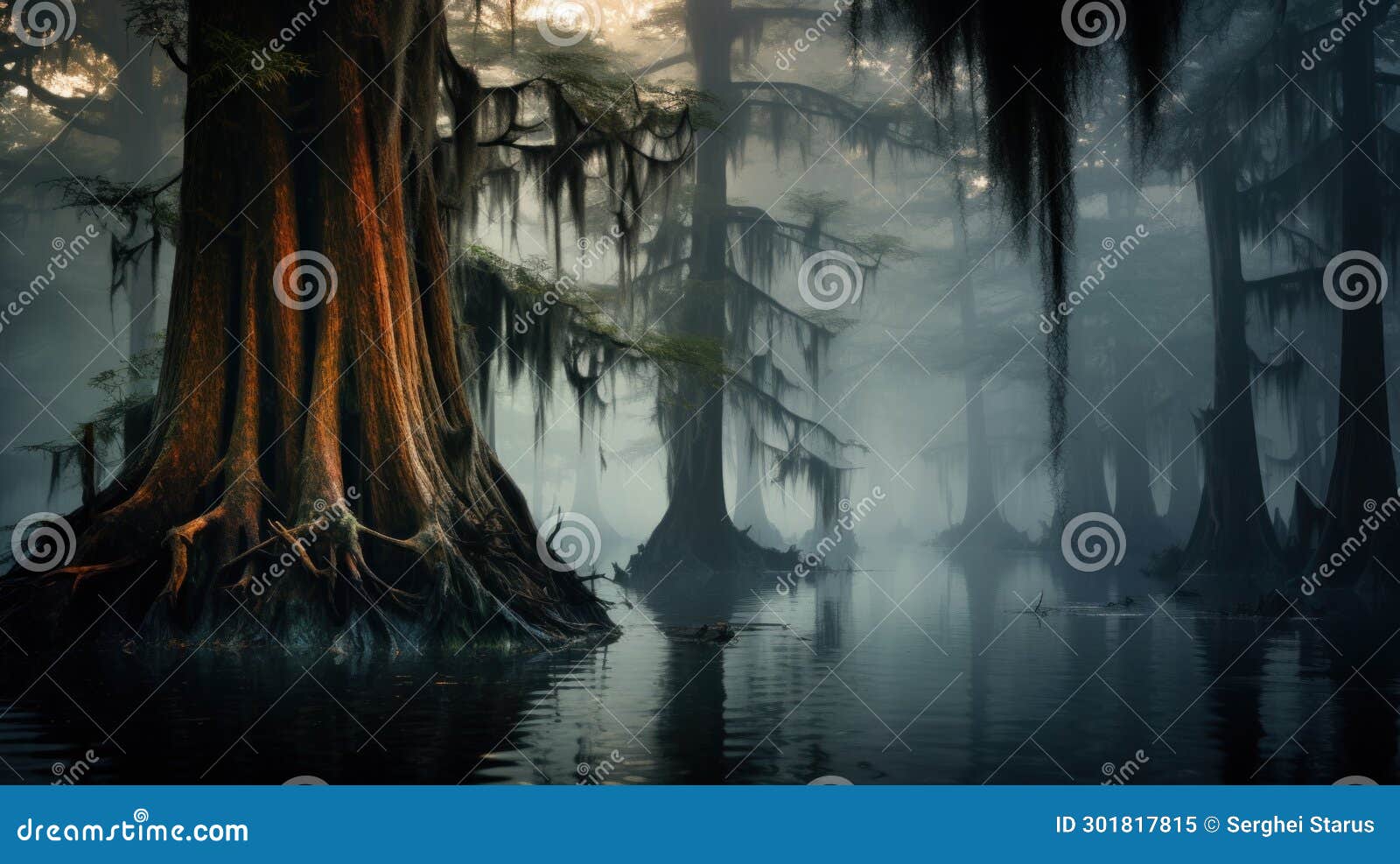 A Large Tree in the Middle of a Swamp with Fog, AI Stock Image - Image ...