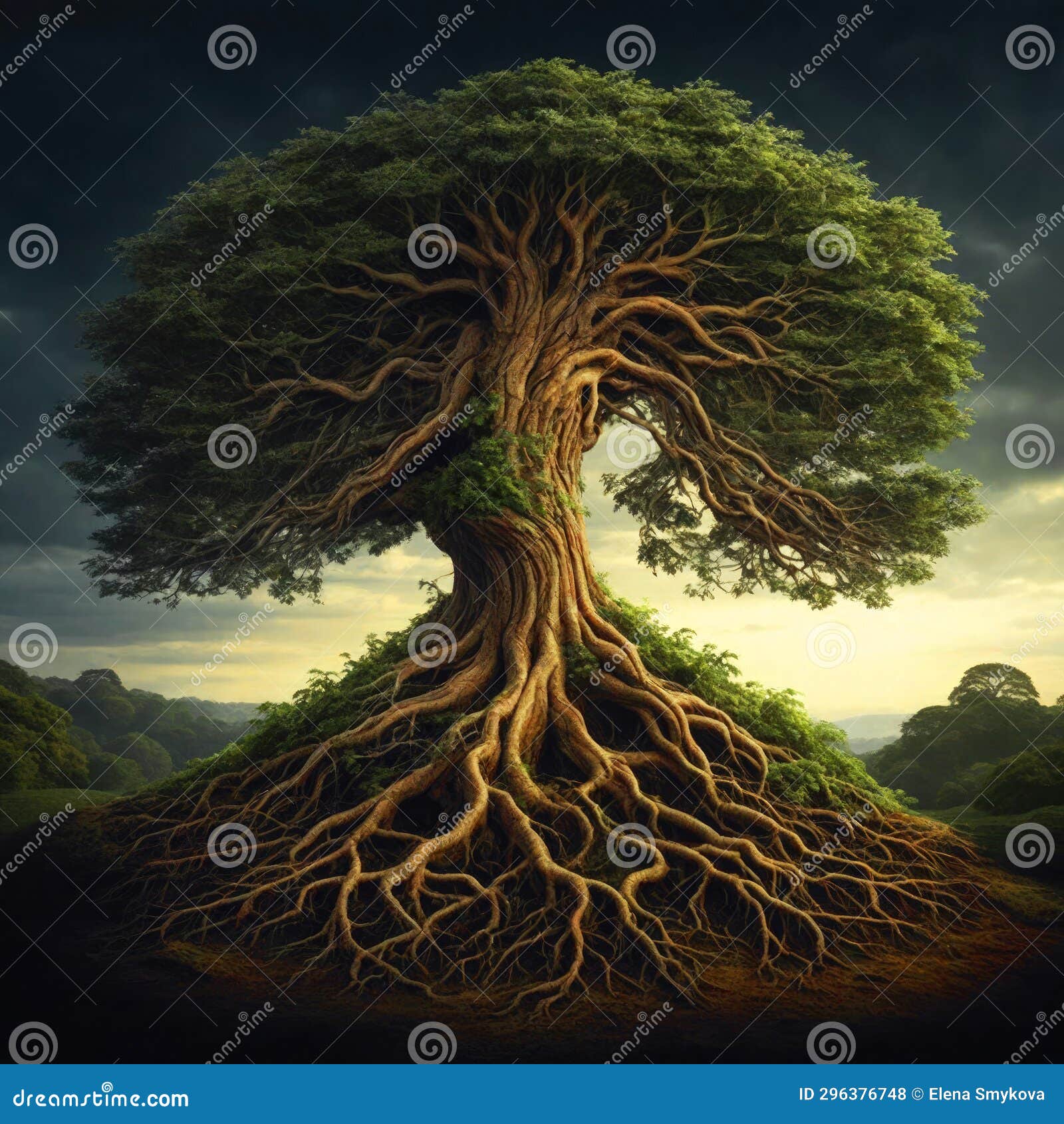A Large Tree with a Powerful Crown and Root System in the Ground Stock ...