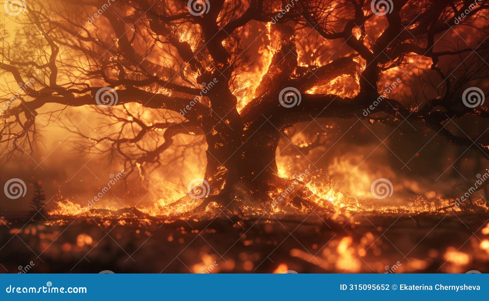 A Large Tree Standing Alone is Engulfed in a Strong Flame. a Raging ...