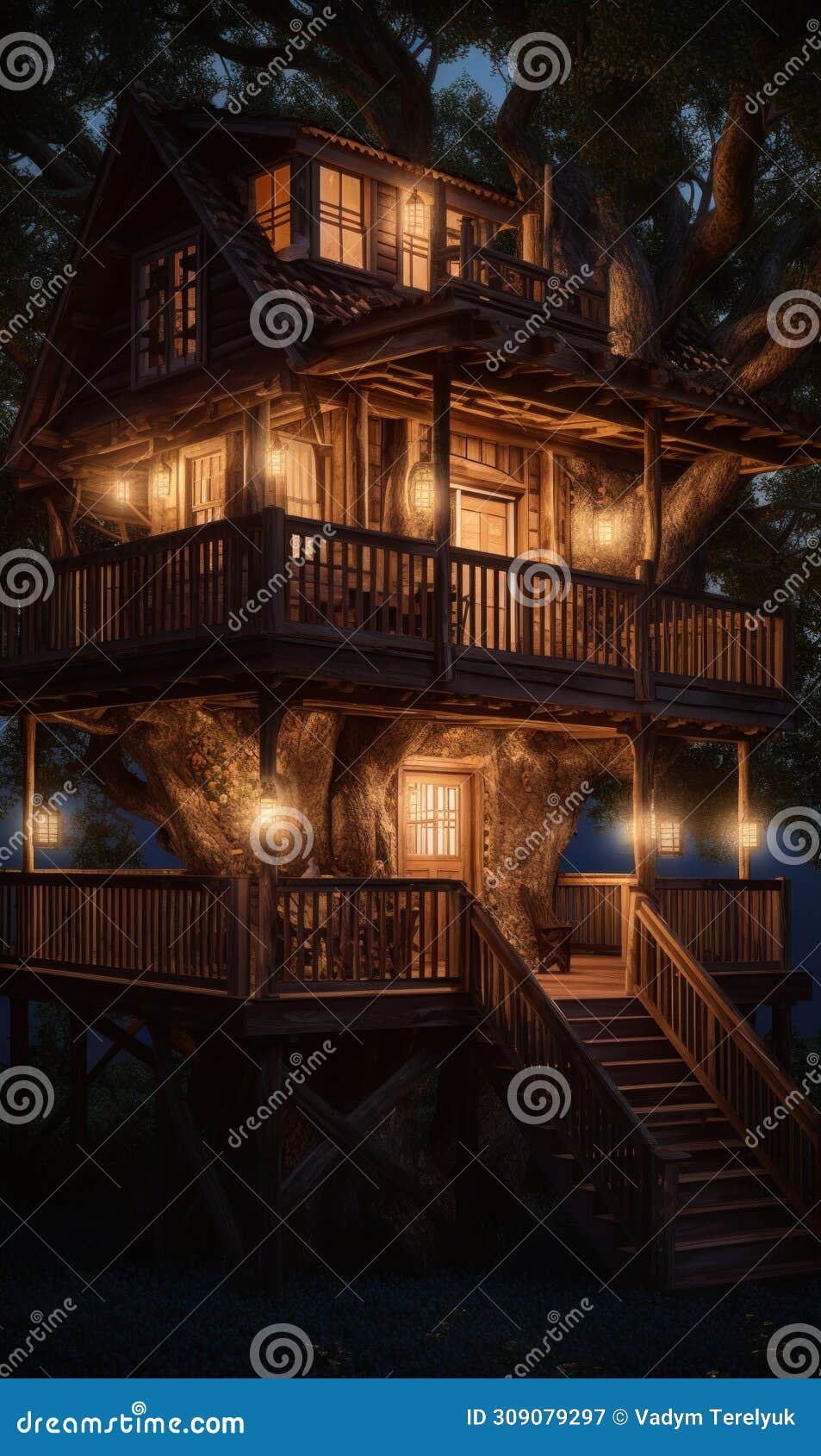 Large Treehouse with Lights Inside in the Evening Stock Image - Image ...