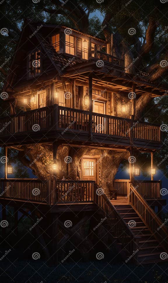 Large Treehouse with Lights Inside in the Evening Stock Image - Image ...