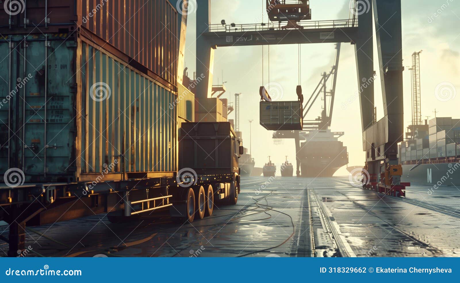 A Large Truck is Pulling a Container Off a Ship. the Scene is Set in a ...