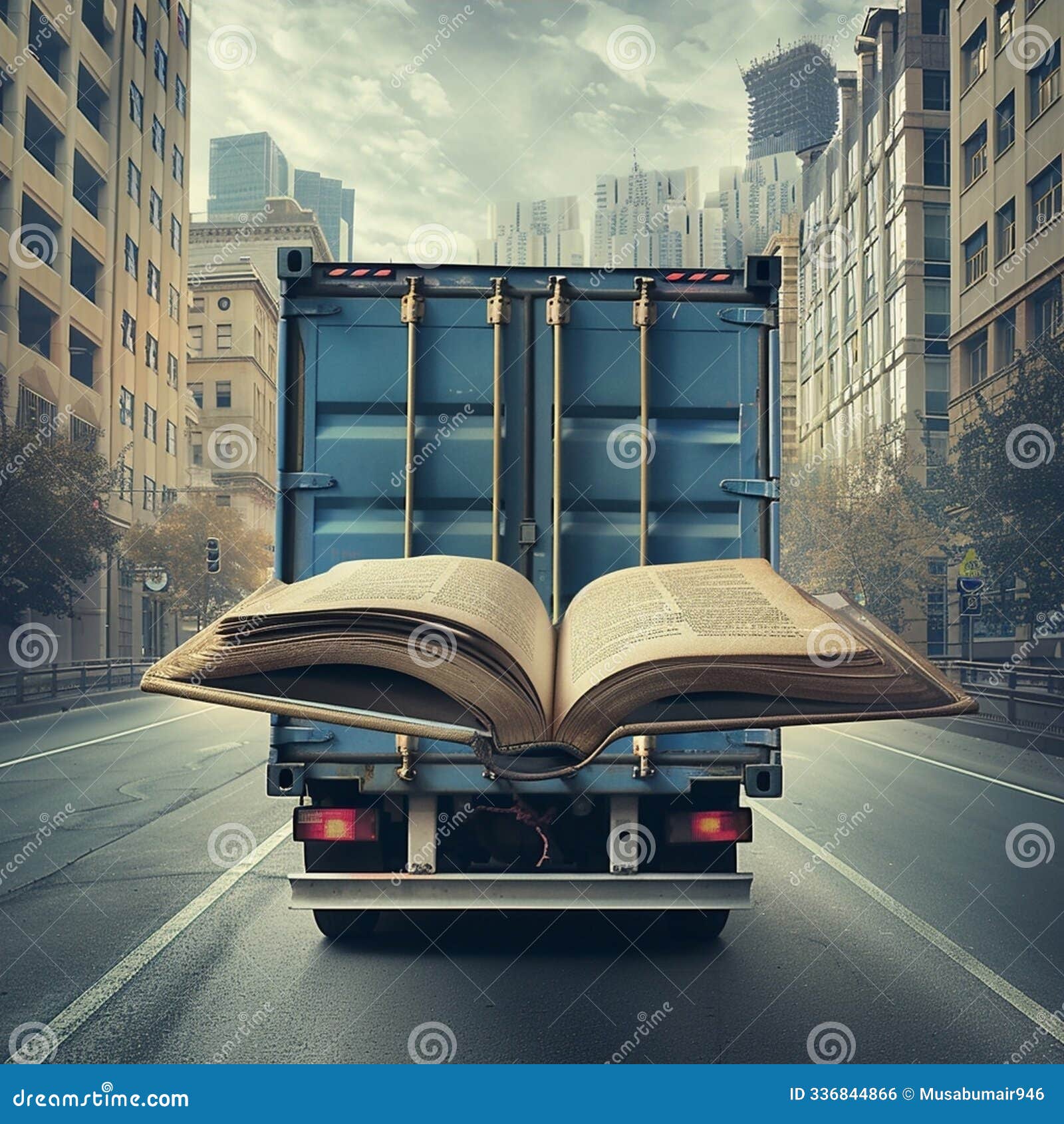A Large Truck Transporting an Open Book through City Streets Stock ...