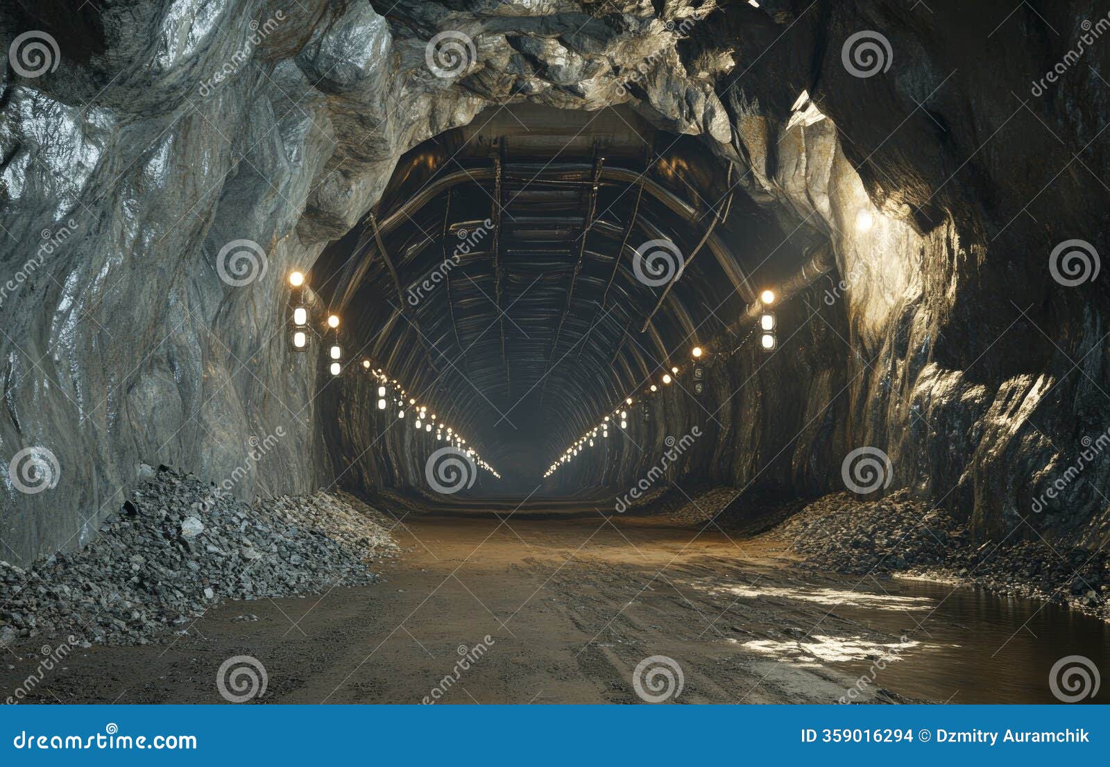 A Large Tunnel Under Construction, Illuminated by Glowing Lights and ...