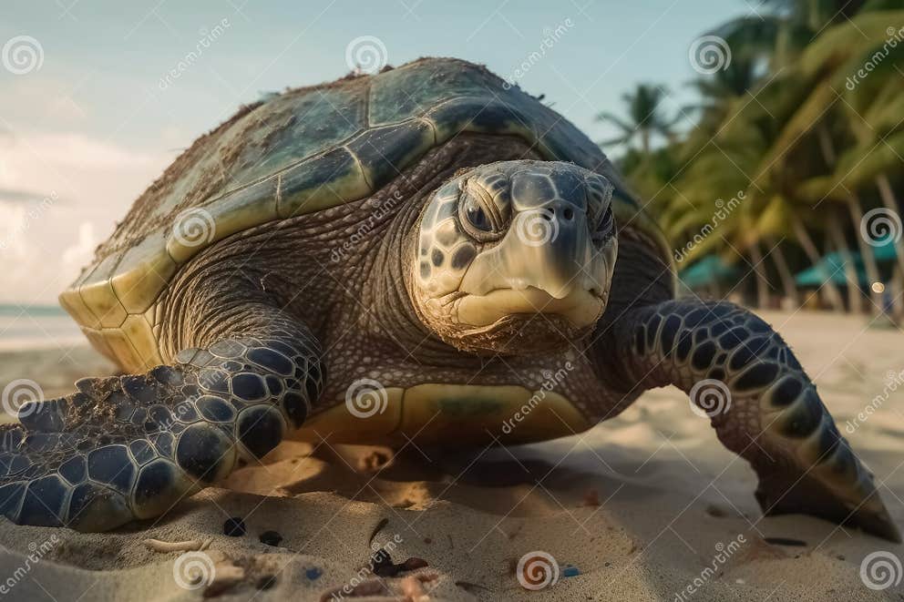 A Large Turtle Drags Itself Onto a Beach Created with Generative AI Technology Stock ...