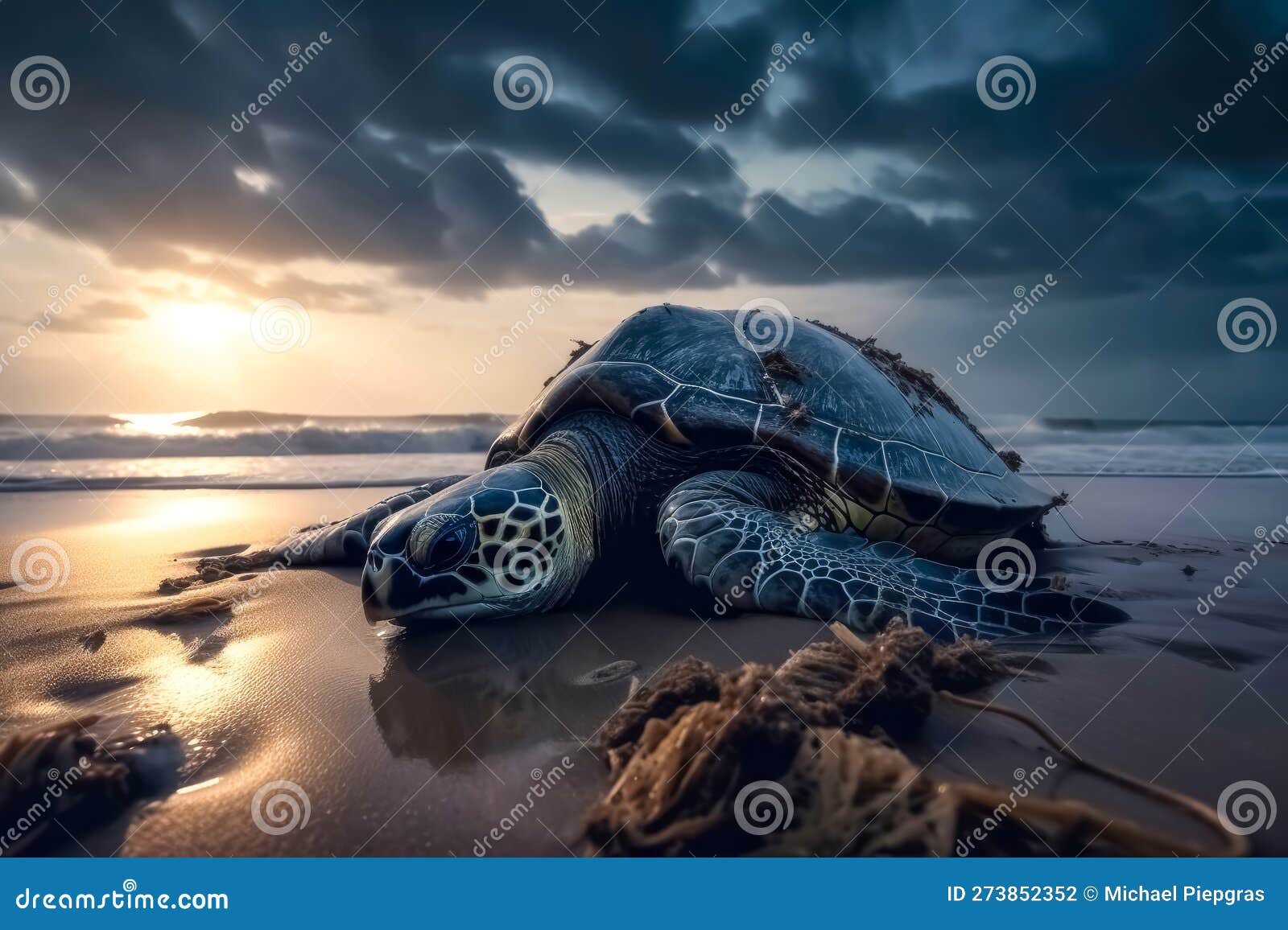 A Large Turtle Drags Itself Onto a Beach Created with Generative AI ...