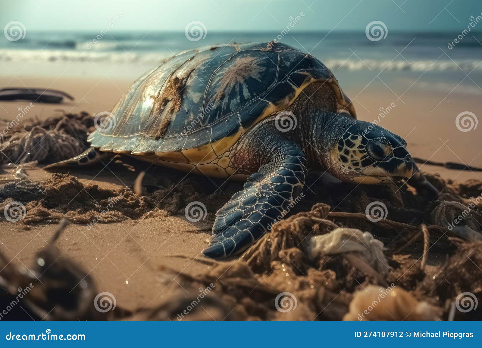 A Large Turtle Drags Itself Onto A Beach Created With Generative AI ...