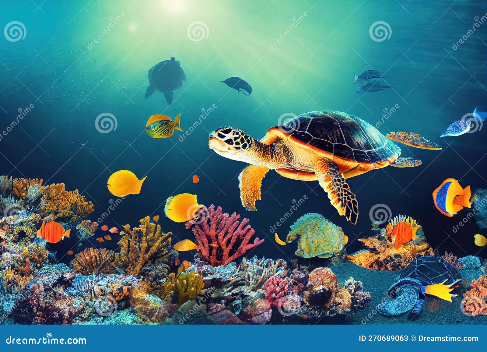 Large Turtle among Tropical Fish in Depths of Seascape. Stock ...